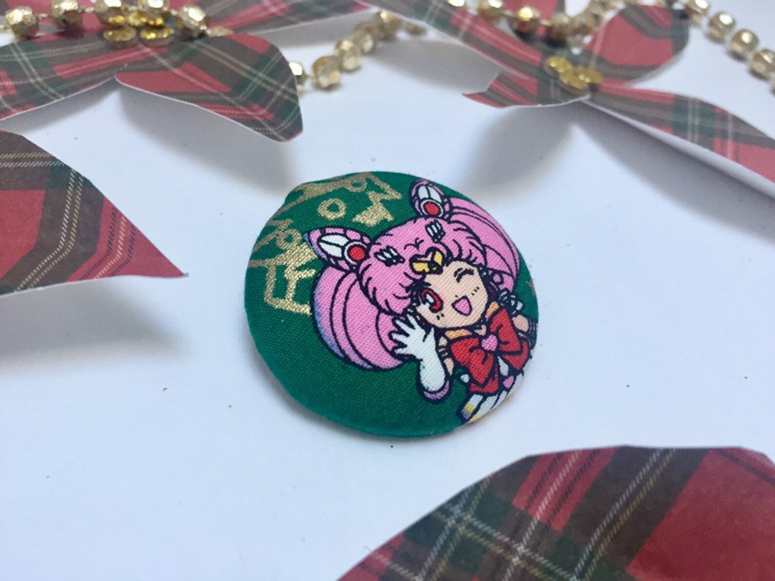 Senshi Anime Fabric Pinback Button With Lock Holiday Green single - Etsy