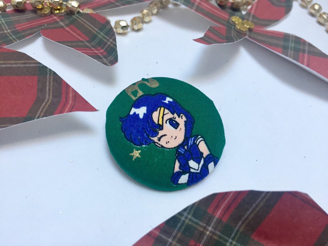 Senshi Anime Fabric Pinback Button With Lock Holiday Green single - Etsy