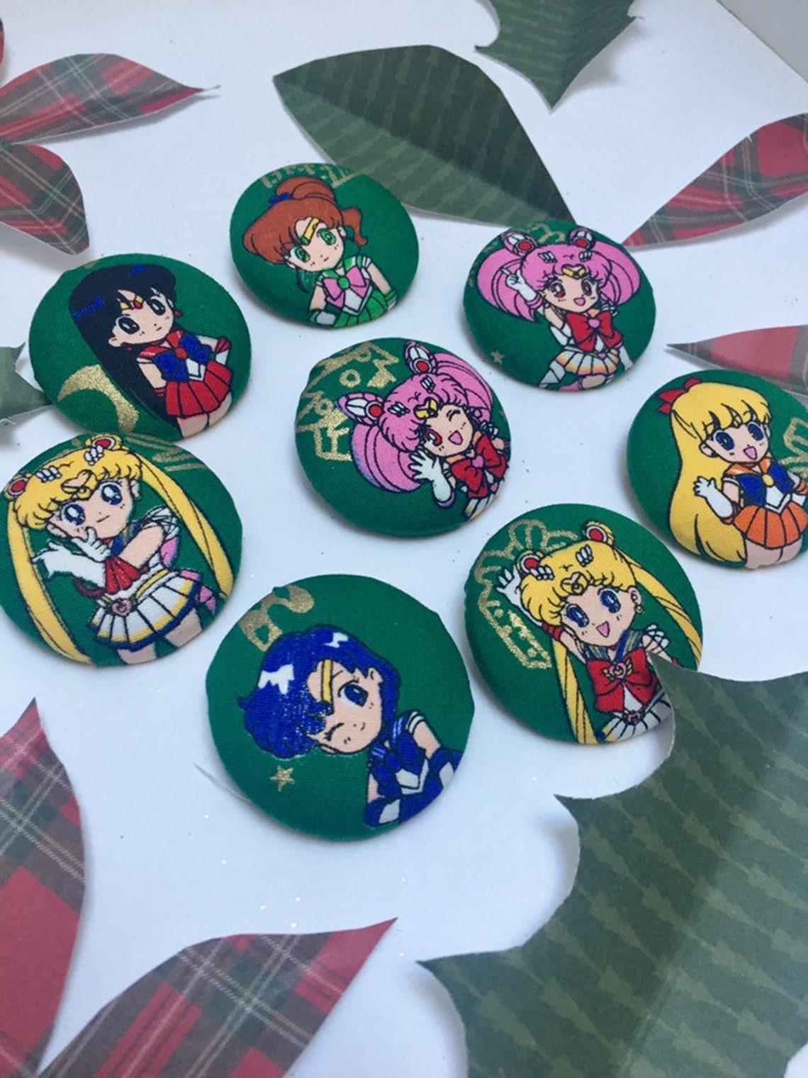 Senshi Anime Fabric Pinback Button With Lock Holiday Green single - Etsy