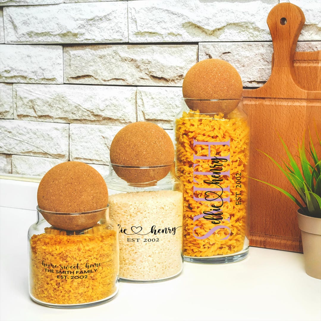 Personalized Wooden Ball Lid Kitchen Storage Jar, Custom Family Name ...