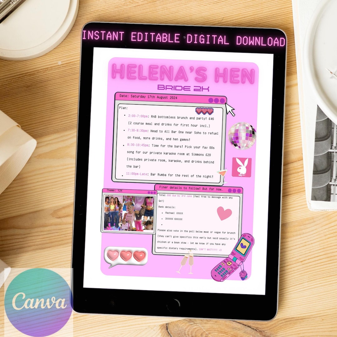 Y2K Hen Party Bachelorette Invitation, Birthday Theme, Bride 2K Invite ...