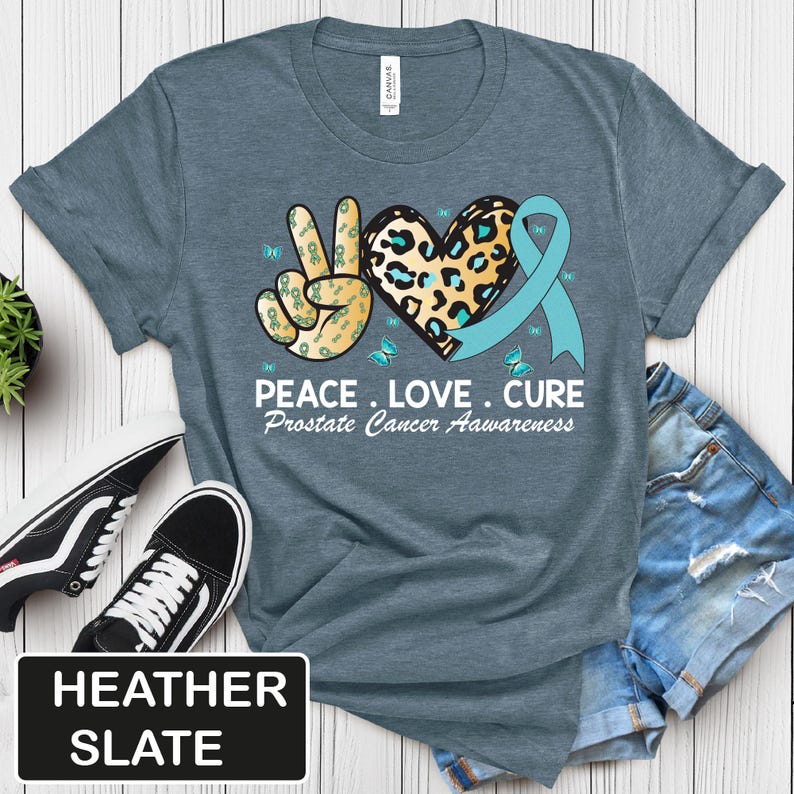 Peace Love Cure Prostate Cancer Awareness Tee | Light Blue Ribbon ...