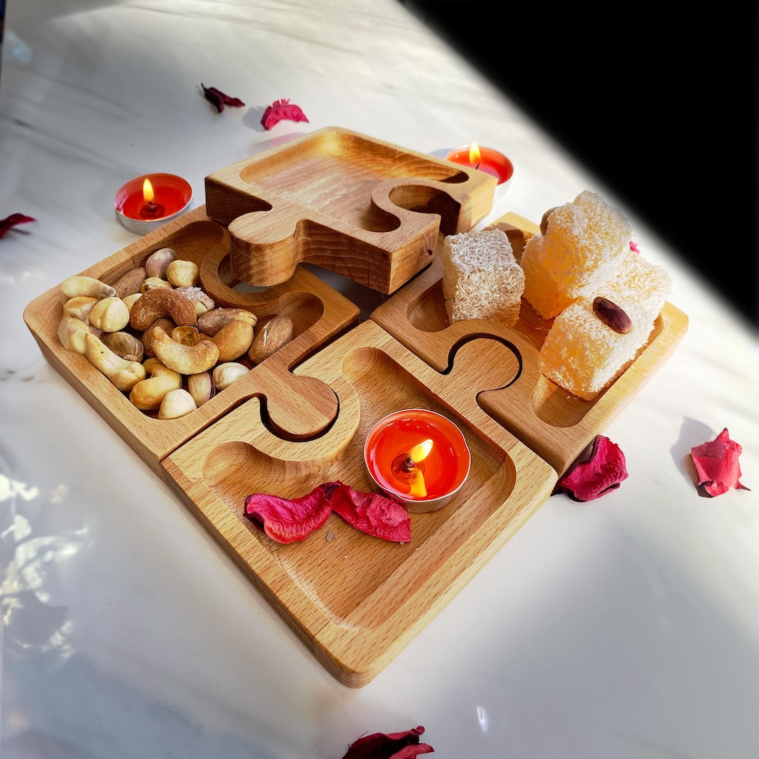Puzzle Shaped Snack Bowl, Wooden Snack Plate With 4 Sections ...