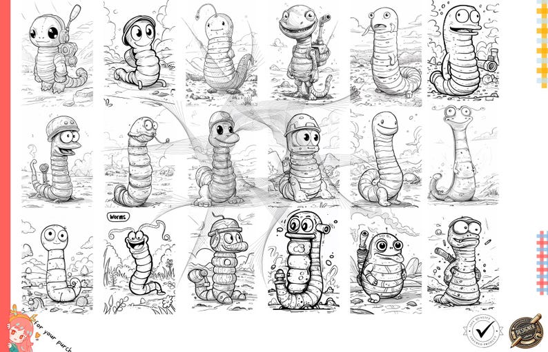 Kawaii Worms Coloring Book – 50+ Monster Designs (PDF Download) - Etsy