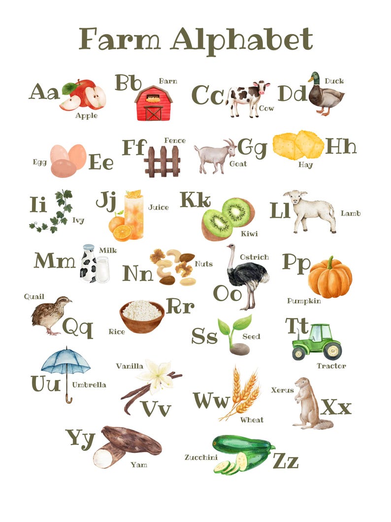 Minimalist Farm Alphabet Poster, Educational Poster, Digital Printable ...