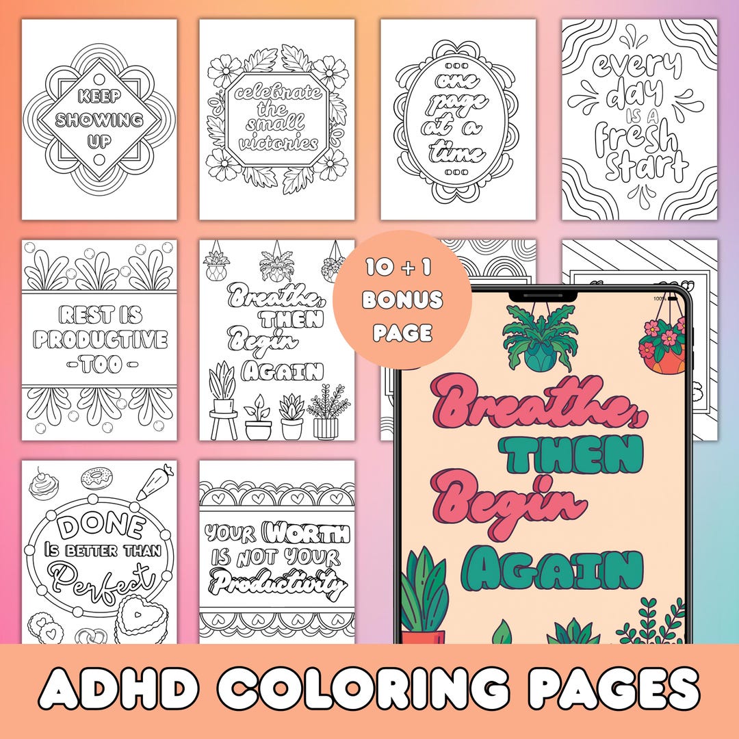 ADHD Coloring Book: Focus and Relaxation - 10 Printable Pages + Bonus ...