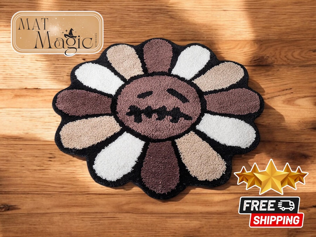 Smiley Face Tufted Rug | Retro Flower Carpet | Fluffy Rainbow Mat ...