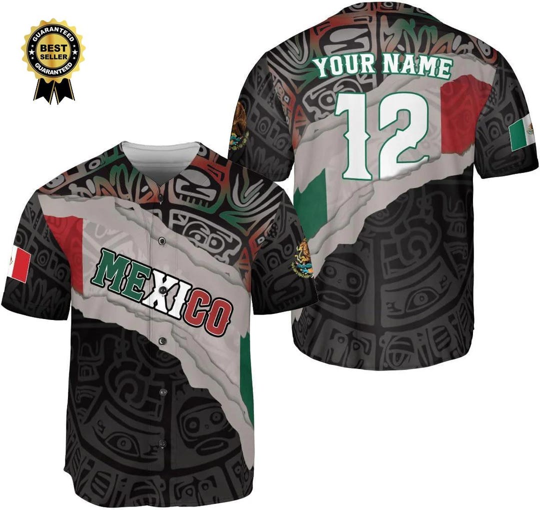 Custom Mexico Baseball Jersey 3D Mexican Flag and Aztec Symbols Design ...
