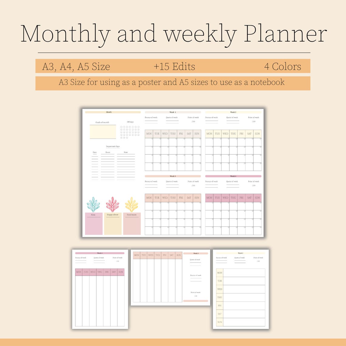 Monthly and Weekly Planner Printable Landscape Poster, Weekly Planner ...