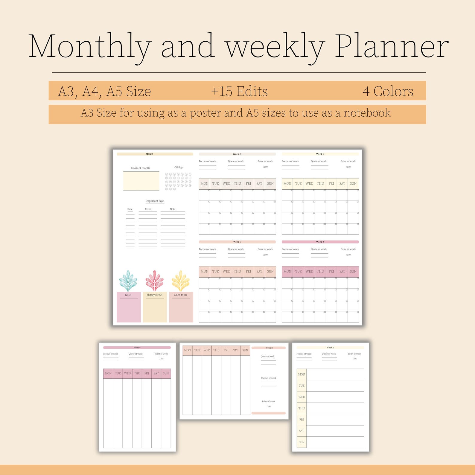 Monthly and Weekly Planner Printable Landscape Poster, Weekly Planner ...