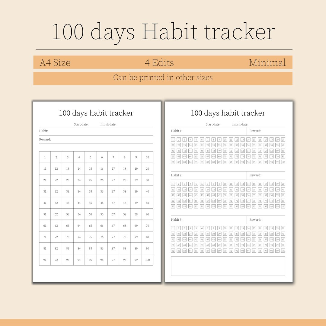 100 Days Habit Tracker, Habit Tracker, 100 Days Challenge, A4 Habit ...