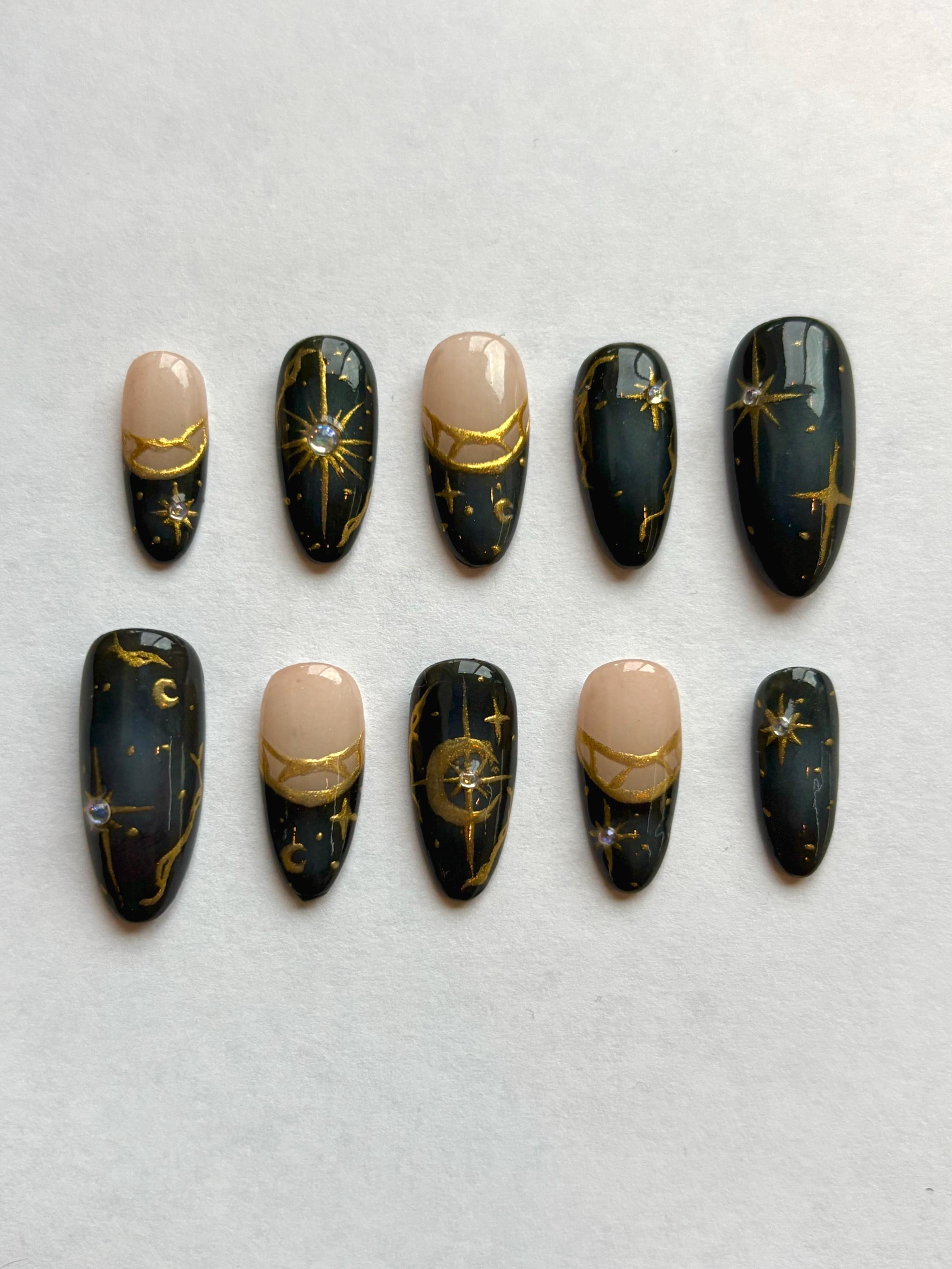 Mel Medarda Celestial Arcane Press on Nails, Black and Gold Nails, Gold ...