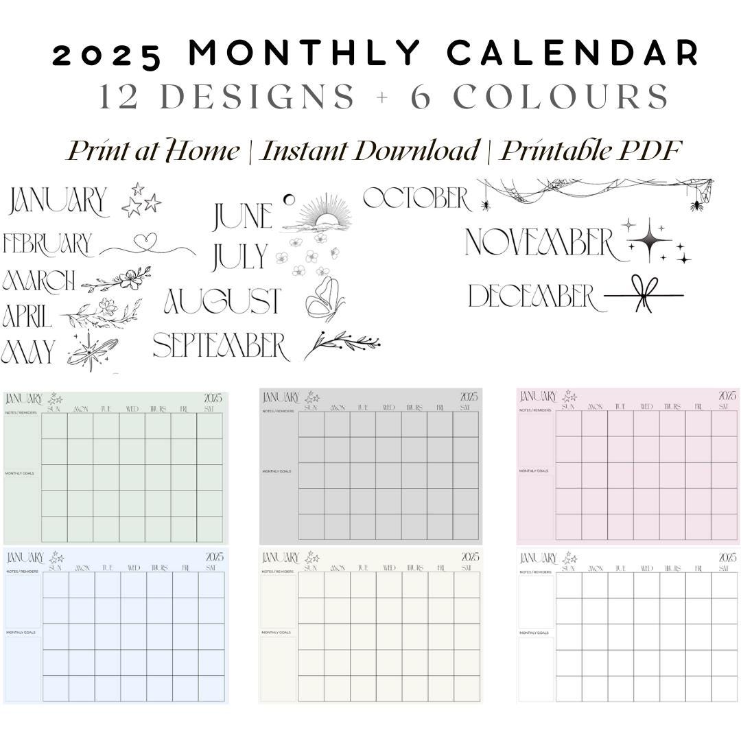 2025 Minimalist Calendar Monthly PDF | A4 Cute Designs 6 Colour Themes ...