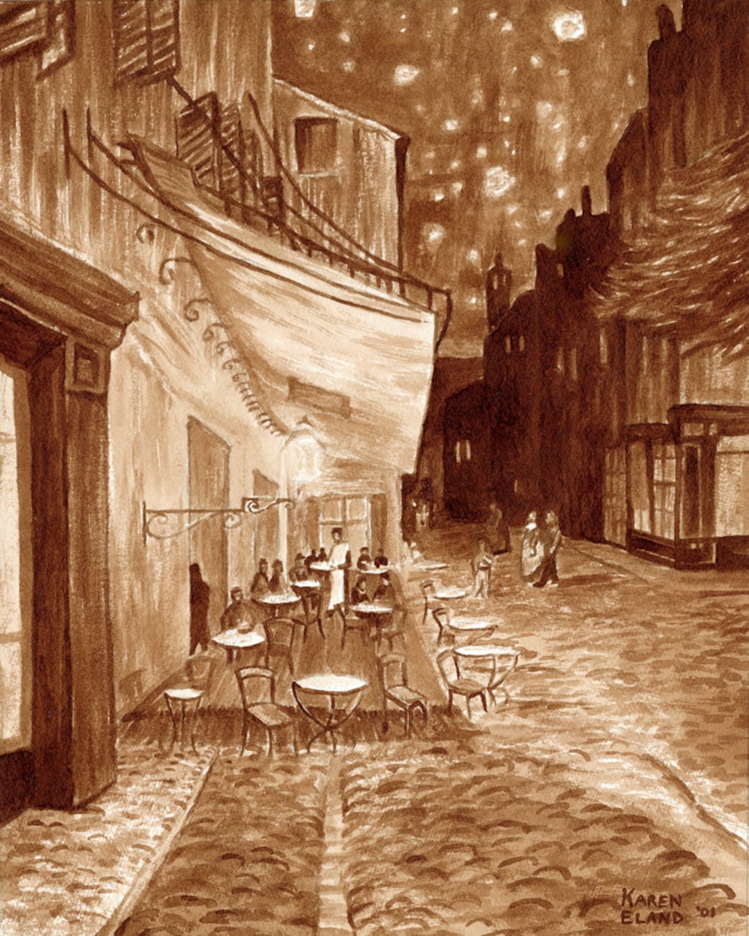 Coffee Art, Cafe Terrace, Painted Using Only Coffee, Night Cafe ...