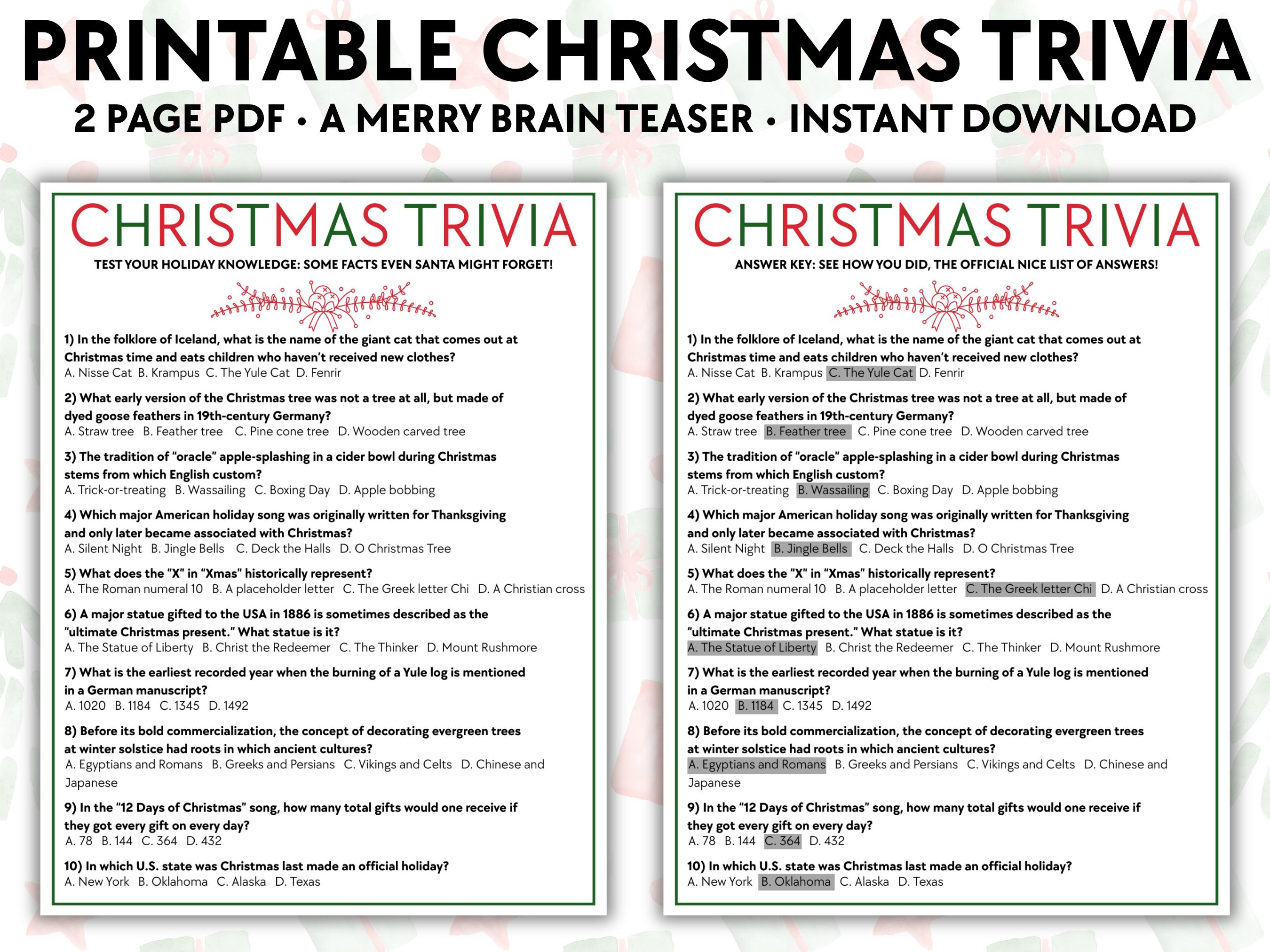 Printable Christmas Trivia, Christmas Party Trivia, Christmas Games for ...
