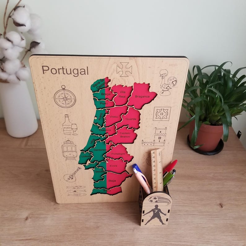 Laser Cut Wooden Map of Portugal With Pen Holder - Etsy
