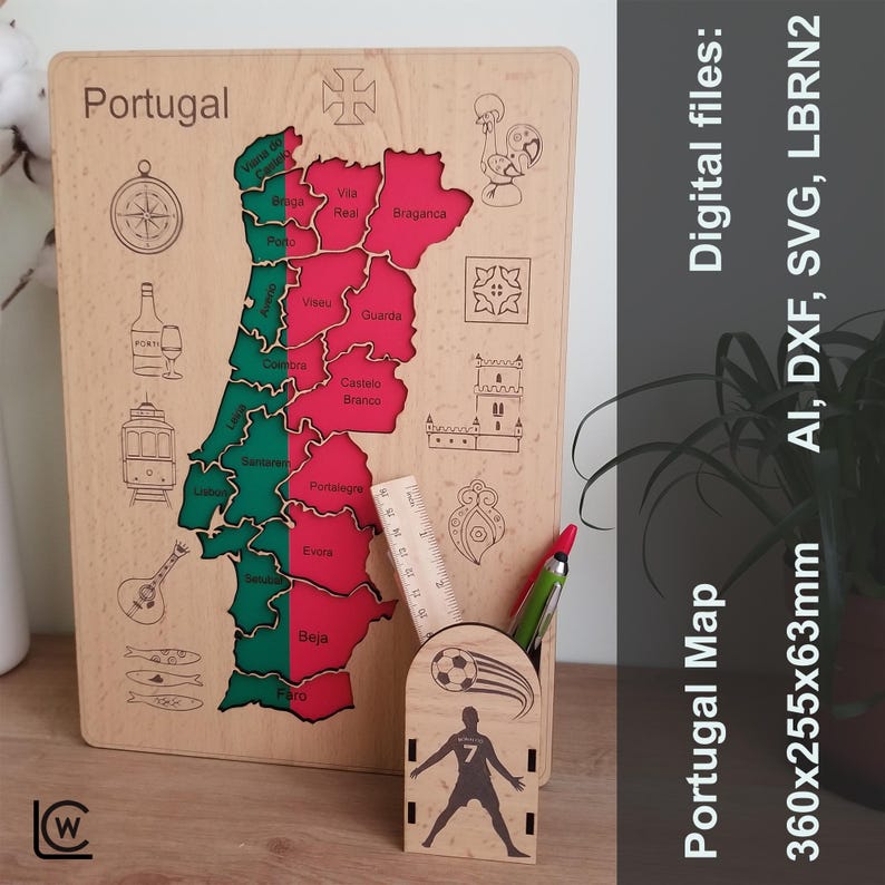 Laser Cut Wooden Map of Portugal With Pen Holder - Etsy