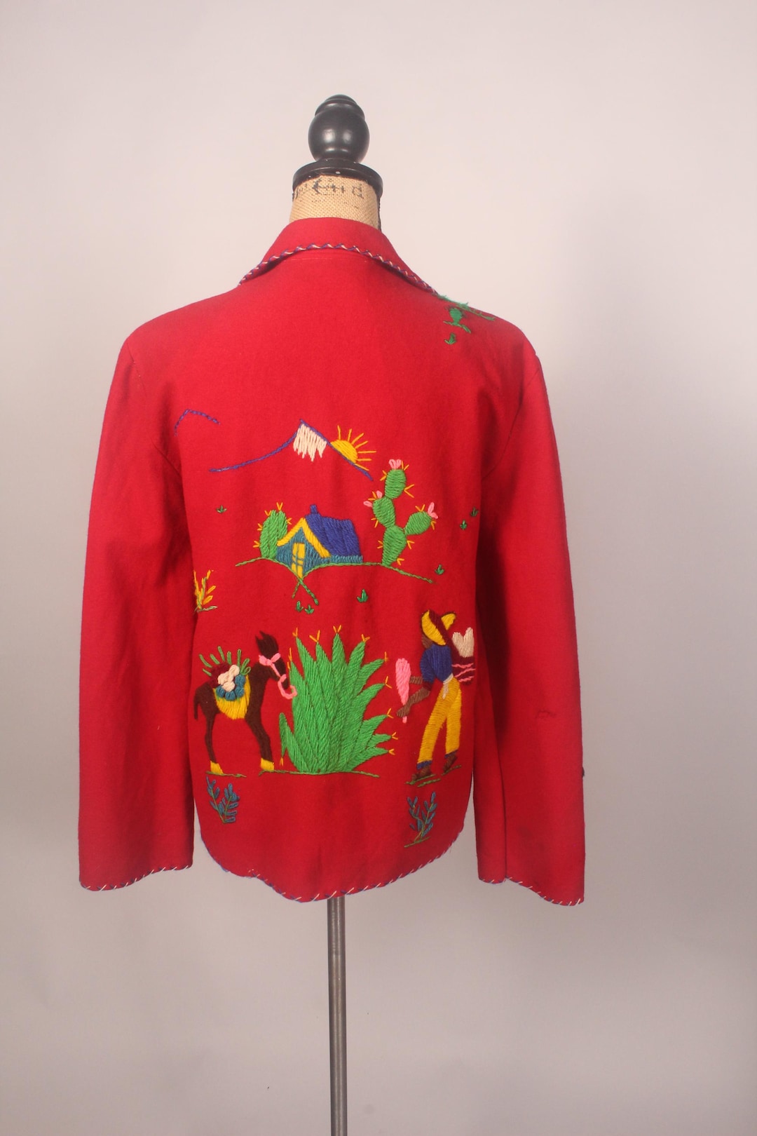 Vintage 50s Mexican Tourist Souvenir Jacket Red Wool Hand Embroidered ...