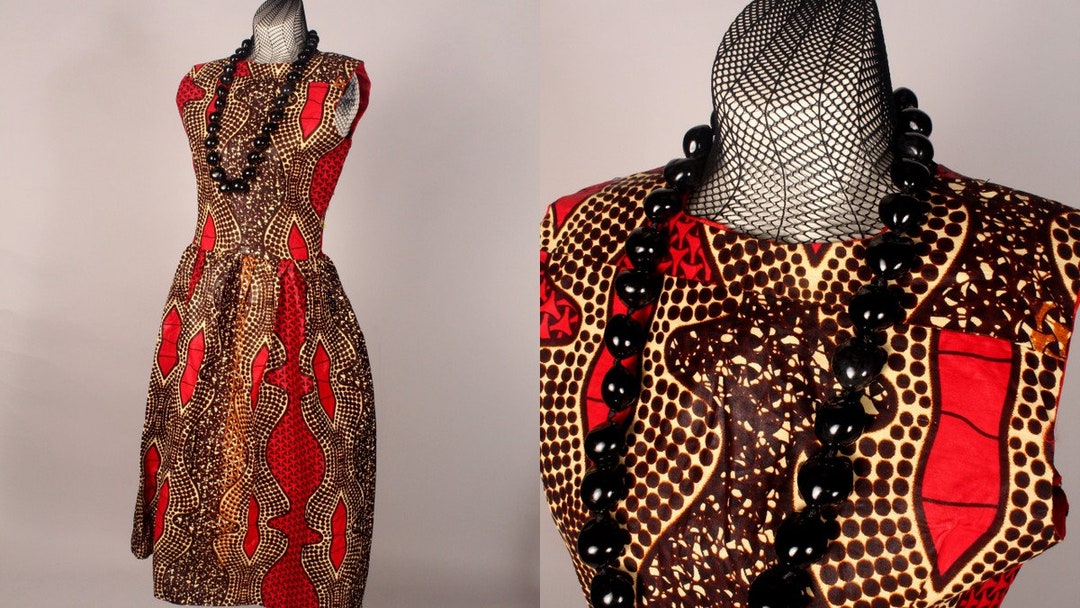80s Dress // Vintage 80s Red Brown Super Star Java Block Print Dress ...