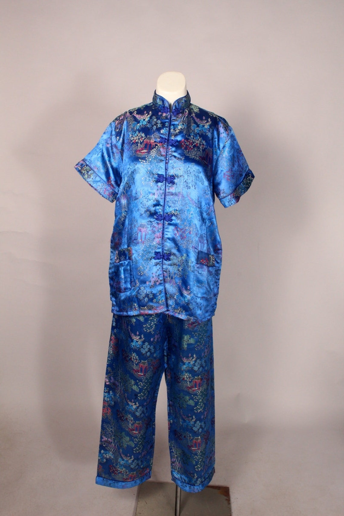 80s Pajamas // Vintage 80s Blue Satin Brocade Pajamas 2 Piece - Etsy