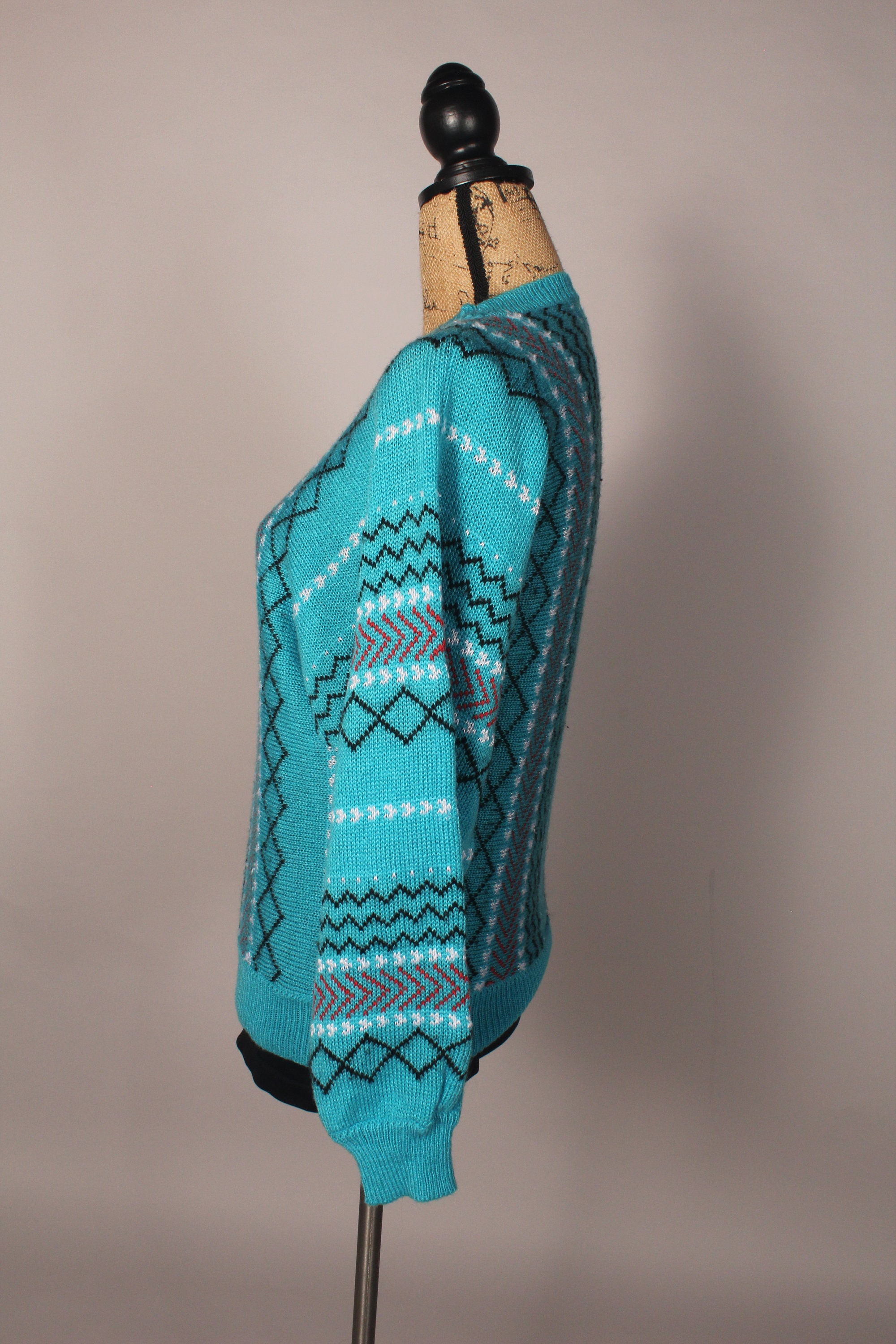 Vintage 60s 70s Turquoise Blue Print Pullover Sweater by Empire Gene ...