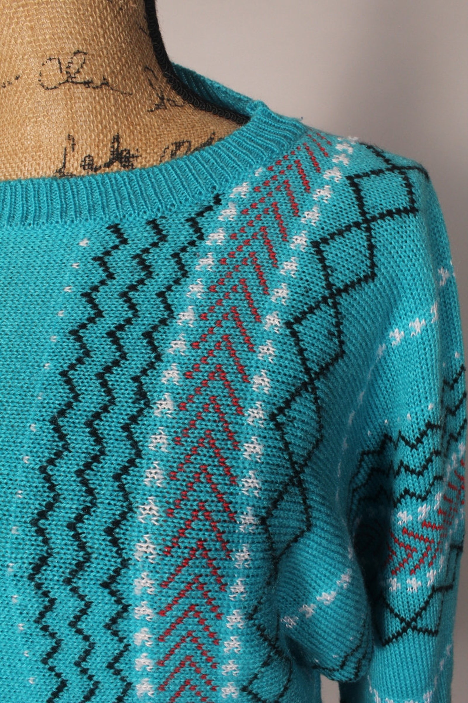 Vintage 60s 70s Turquoise Blue Print Pullover Sweater by Empire Gene ...