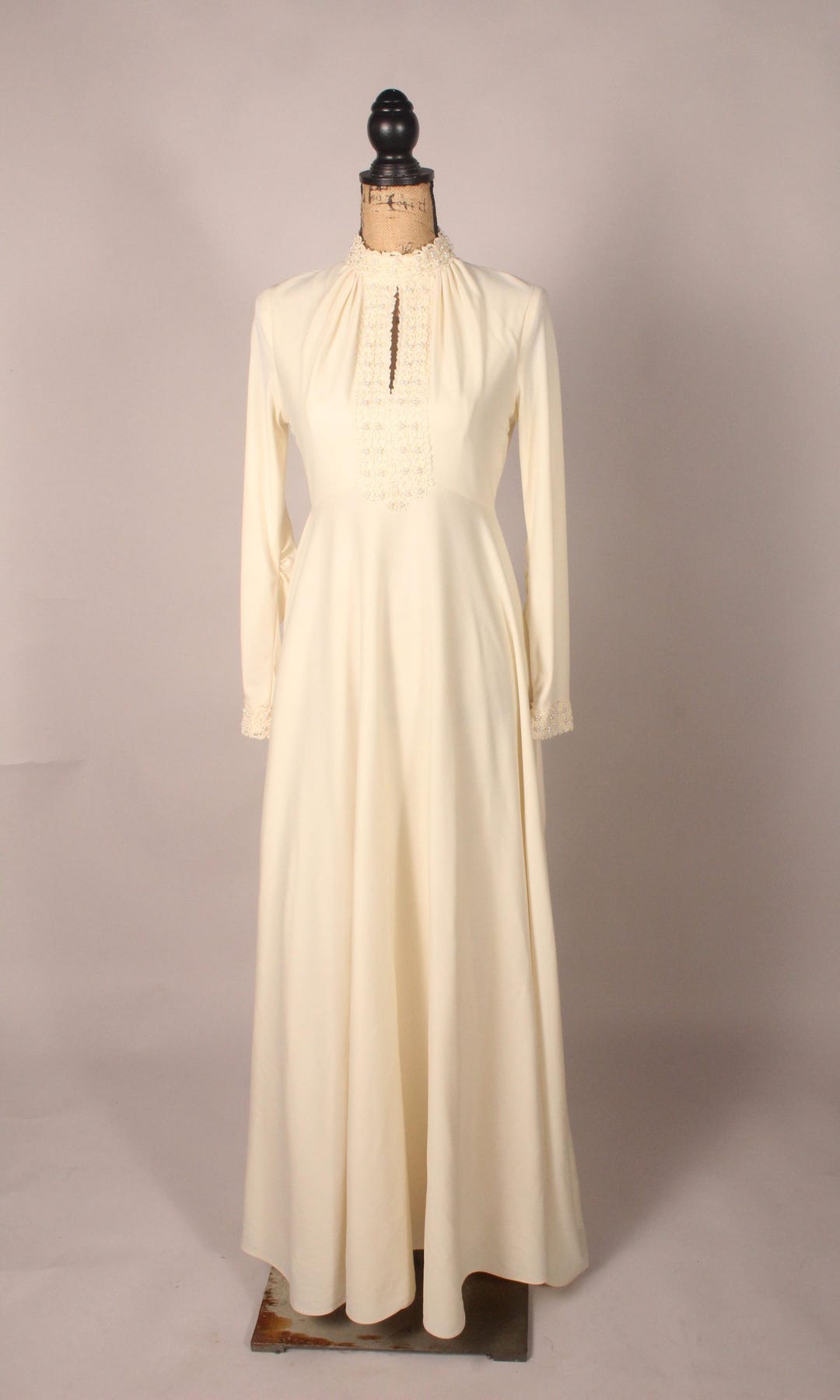 Vintage 70s Ivory Cream Poly Maxi Wedding Dress With Train Sz M 29 ...