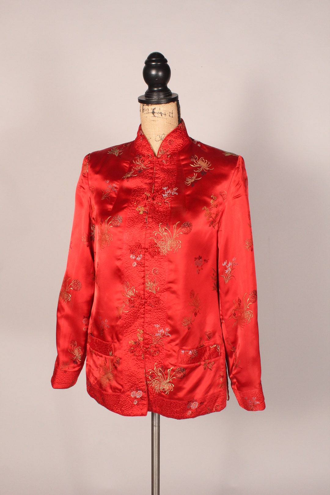 Vintage 60s Red Satin Embroidered Chinese Jacket by Solz Squirrel Size ...