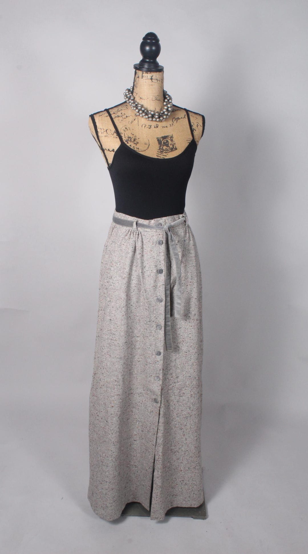 Vintage 70s Gray Maxi Skirt With Velvet Buttons & Belt by Maiden San ...
