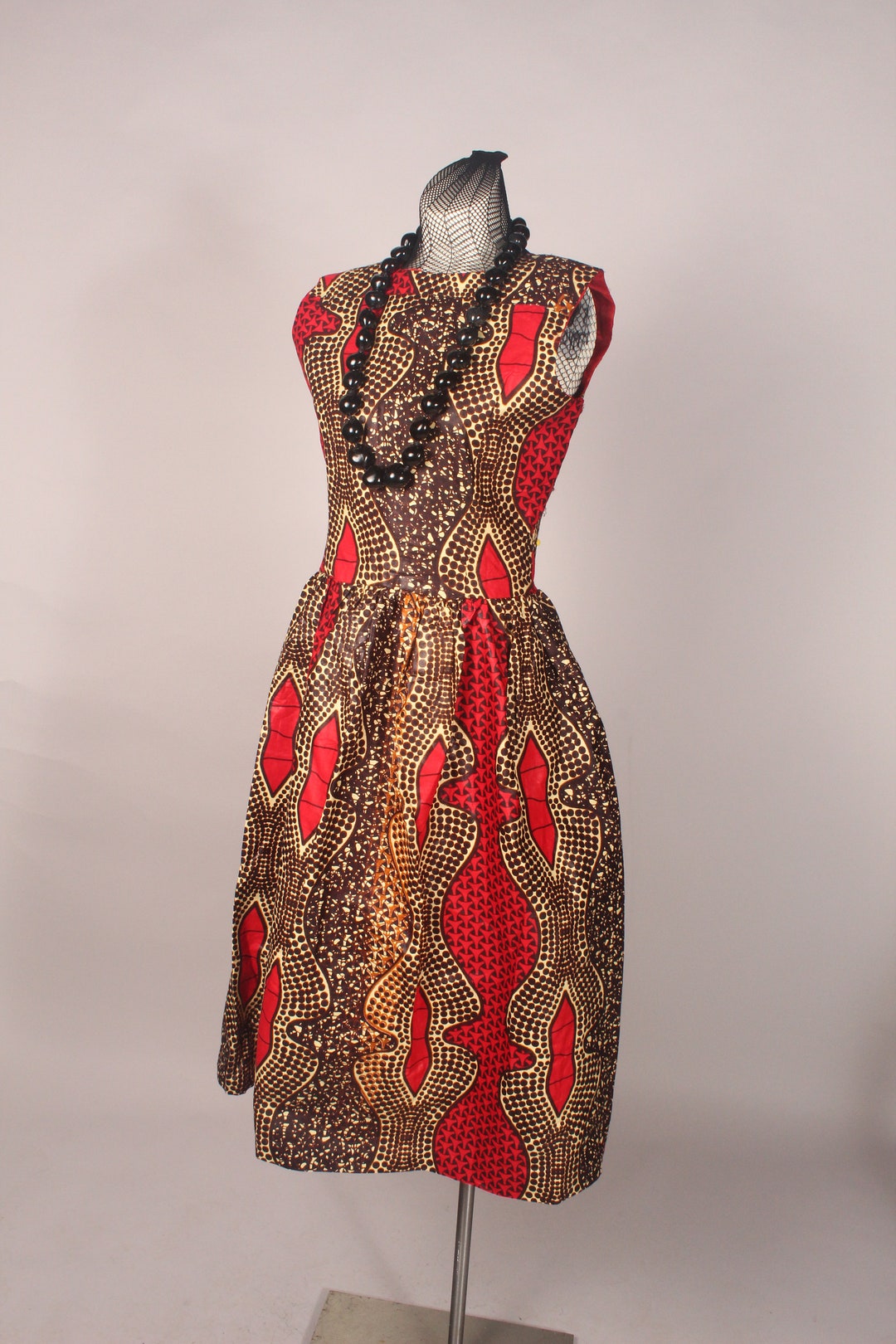 Vintage 80s Red Brown Super Star Java Block Print Dress Size L 31 ...
