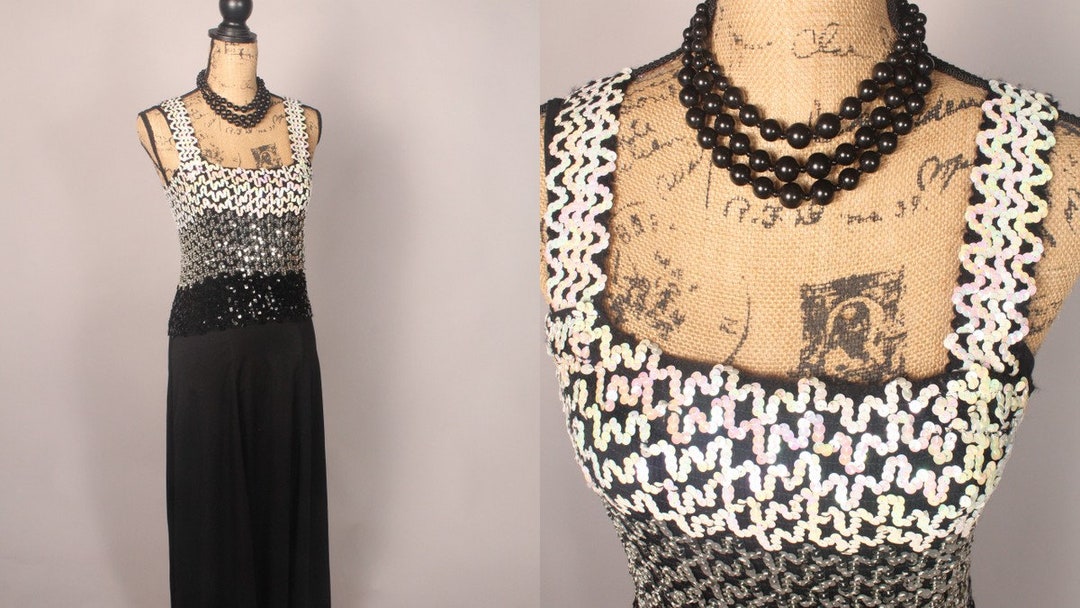 70s 80s Sequin & Poly Maxi Dress, Vintage Sequin Dress, Black Gray ...