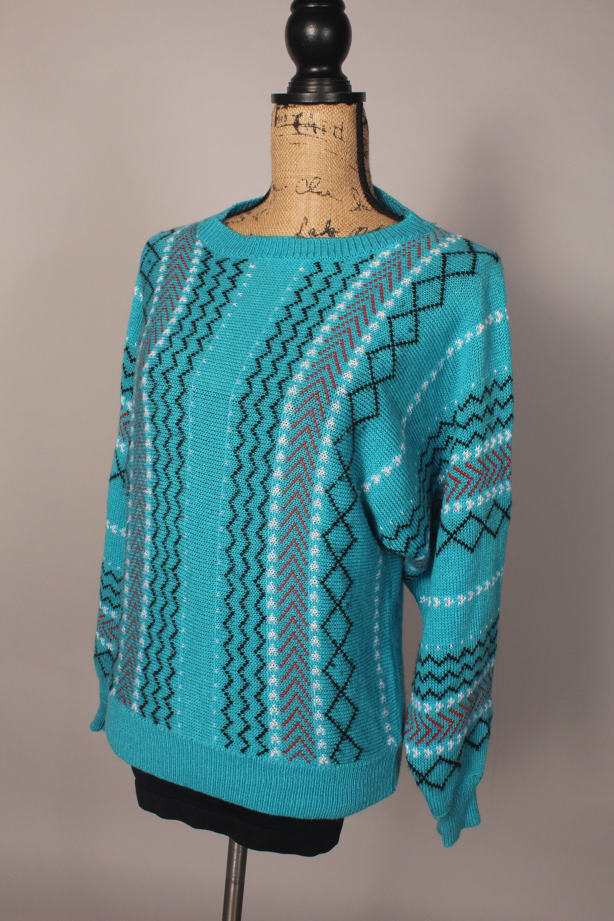 Vintage 60s 70s Turquoise Blue Print Pullover Sweater by Empire Gene ...