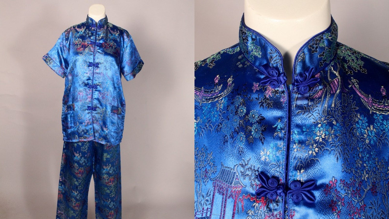 80s Pajamas // Vintage 80s Blue Satin Brocade Pajamas 2 Piece - Etsy
