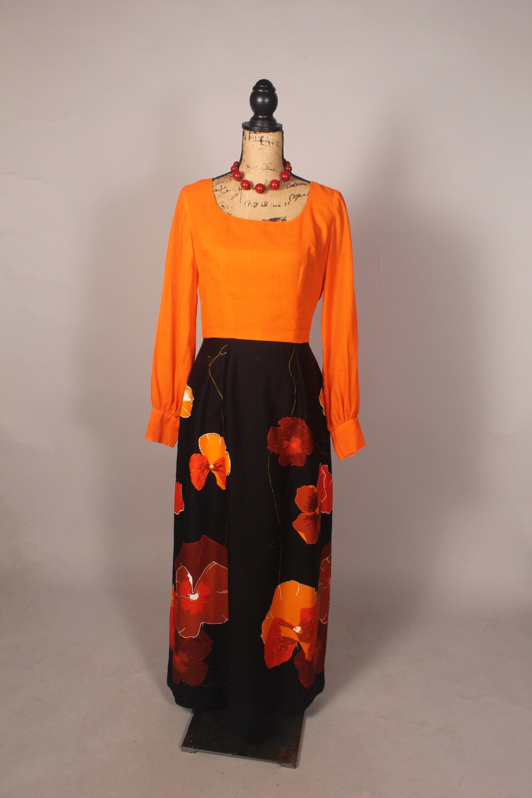 Vintage 60s Black Orange Maxi Dress With Floral Skirt by Van Roth Size ...