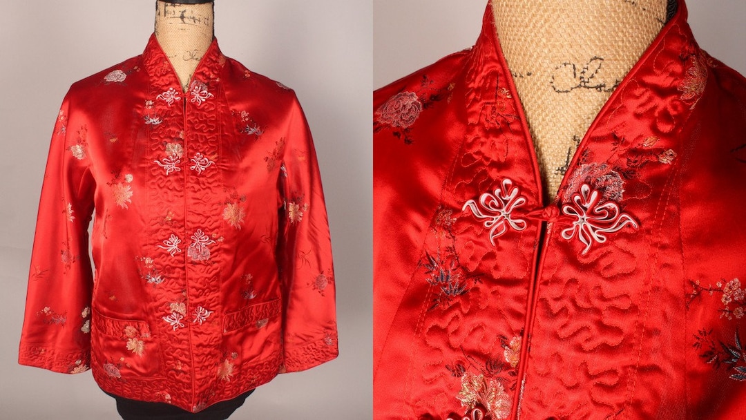 Vintage Asian Jacket, Embroidered Jacket, Satin Jacket, Quilted Jacket ...