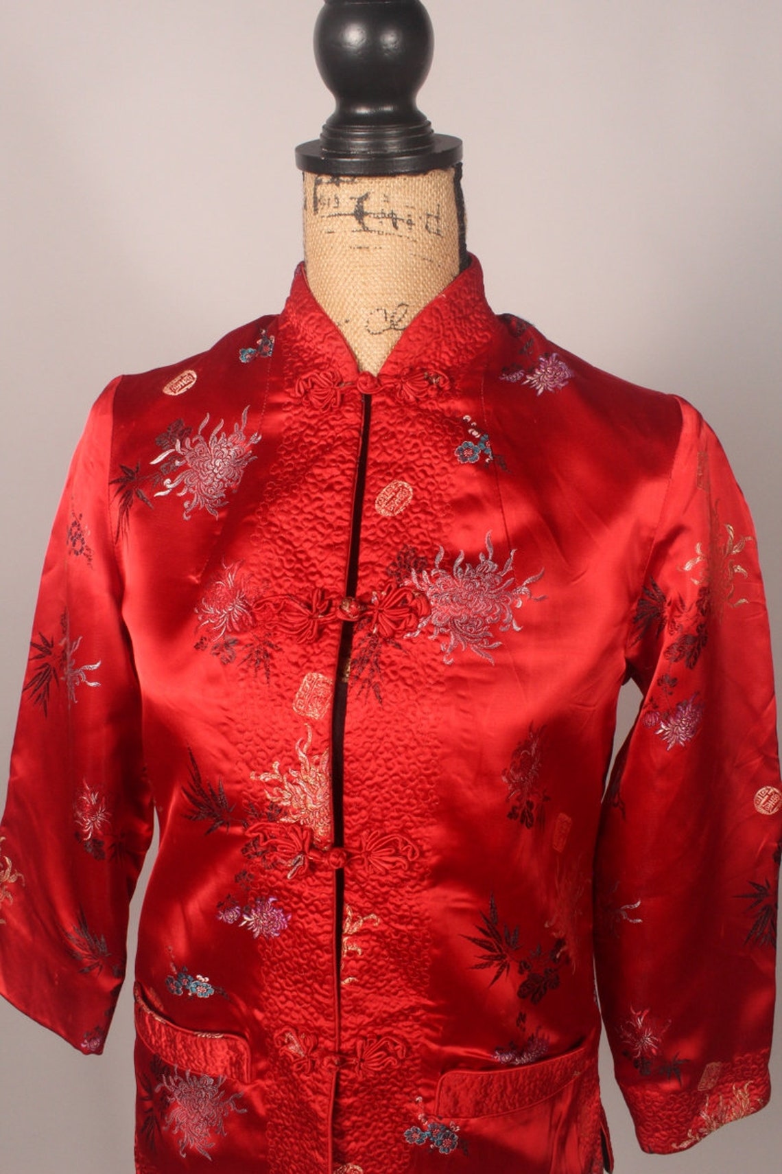 Vintage 60s Red Satin Chinese Reversible Jacket by Solz Squirrel Size S ...