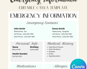 Emergency Hospital Visit Form, Medical Info Sheet, First Aid ...