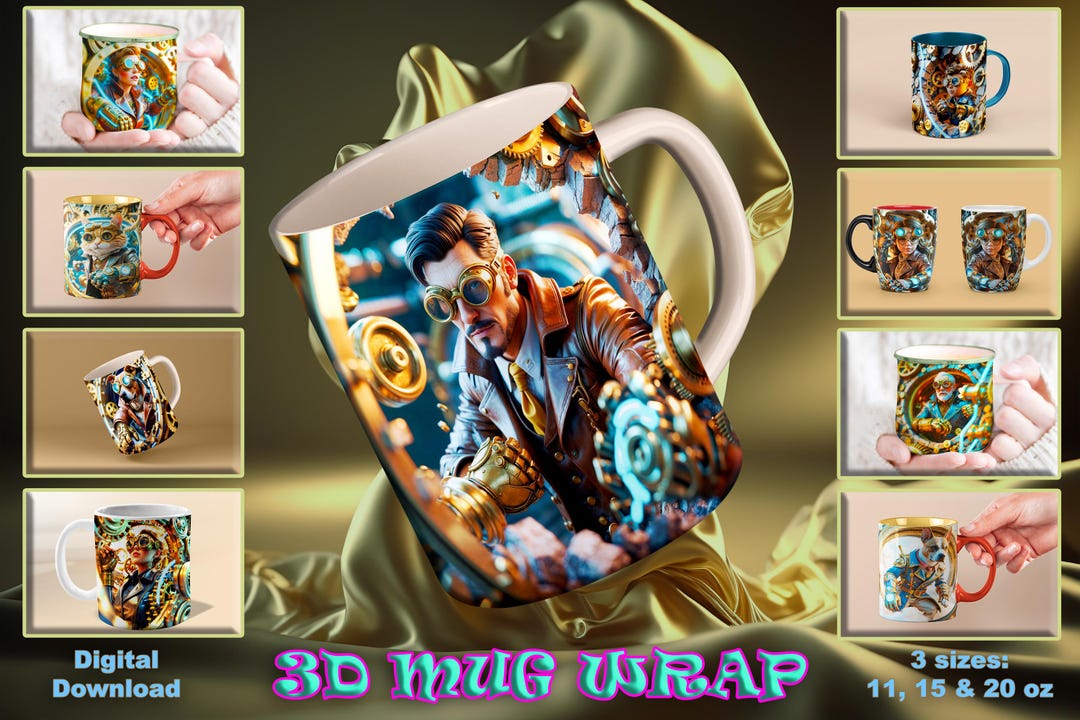 Steampunk Mug Sublimation Design: 3D Character Mug Wrap (digital ...