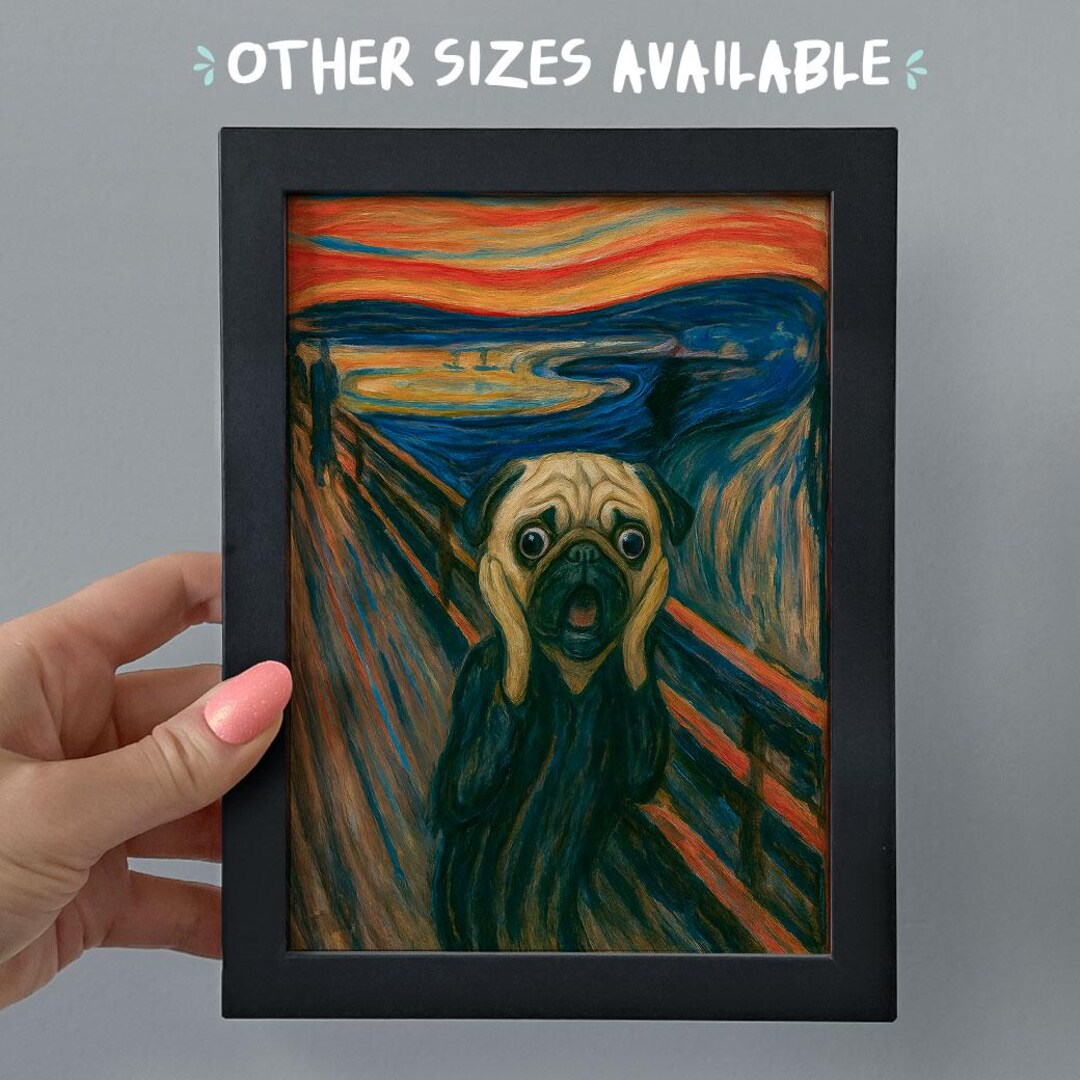 Framed Pug Funny Painting, Edvard Munch Dog Print, 5x7 Frame Bookshelf ...