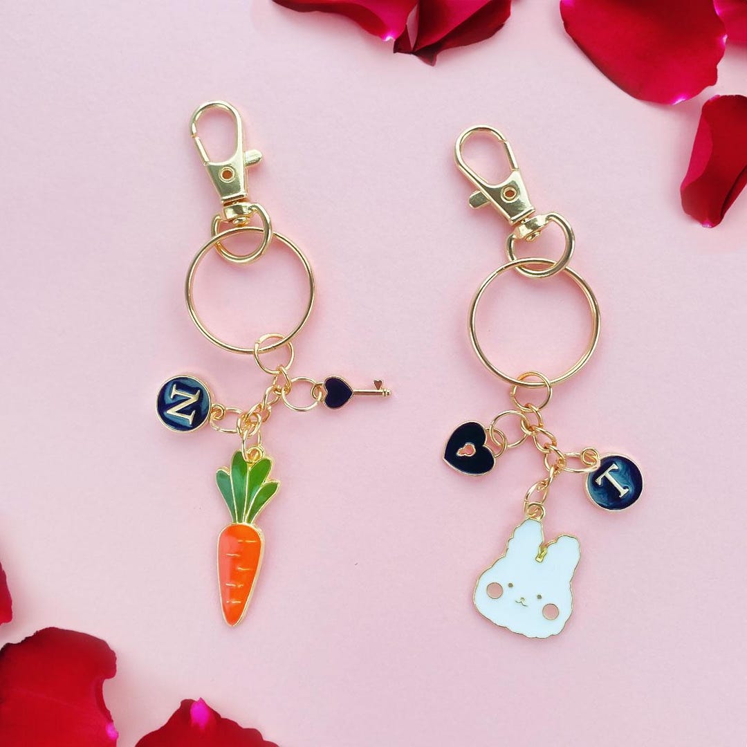 SET OF TWO Cute Keyrings for Couple, Carrot & Rabbit, Funny Matching ...