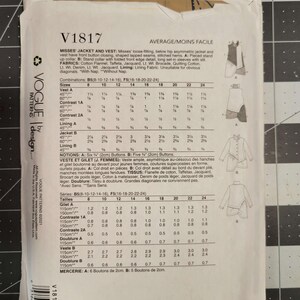 Vogue Sewing Pattern V1817 Misses Jacket and Vest - Etsy