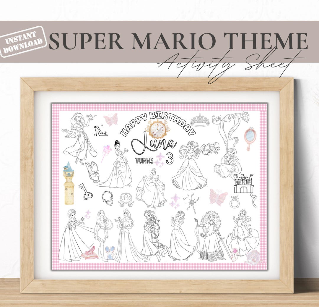 Princess Activity Placemat, Princess Placemat, Princess Coloring Sheet ...
