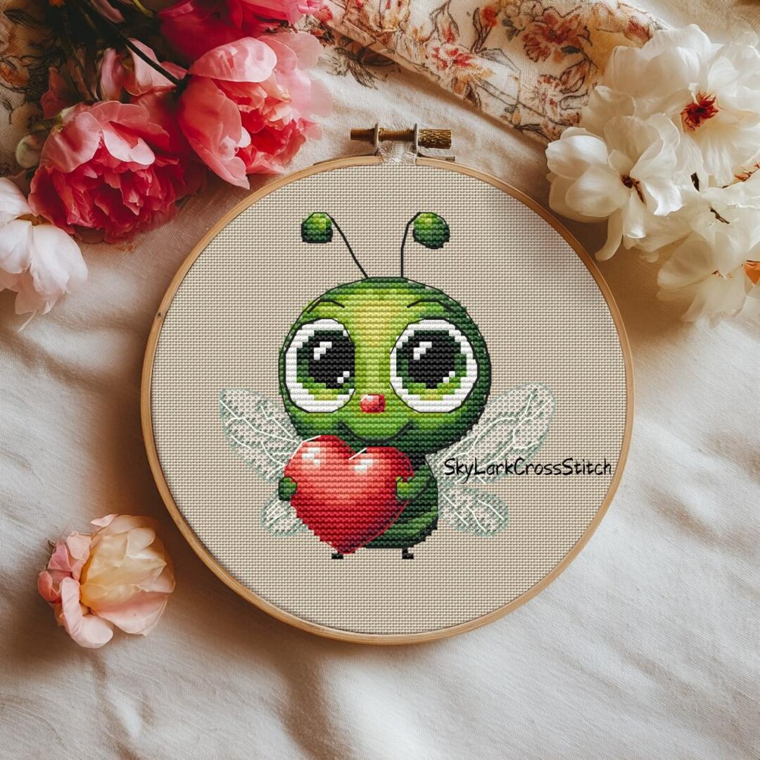 Green Bug Cross Stitch Pattern PDF, Heart‑holding Insect Design, Bold ...