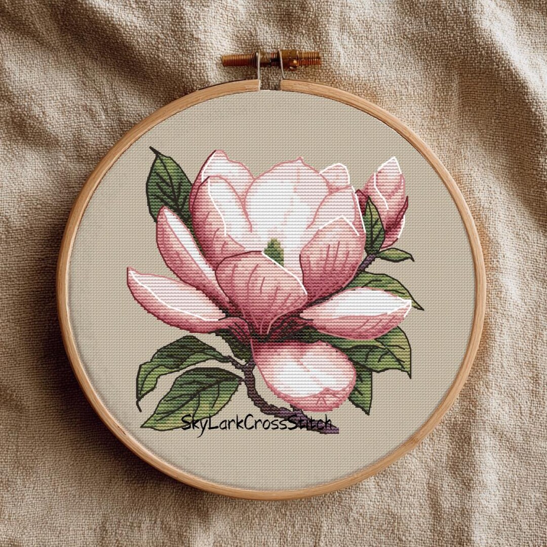 Pink Magnolia Cross Stitch Pattern PDF, Modern Botanical Embroidery ...