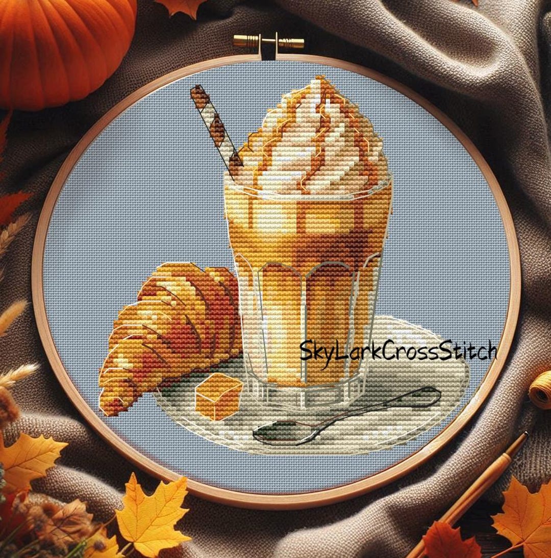 Latte Cross Stitch Pattern, Coffee Embroidery Pdf, Croissant Food Cross ...