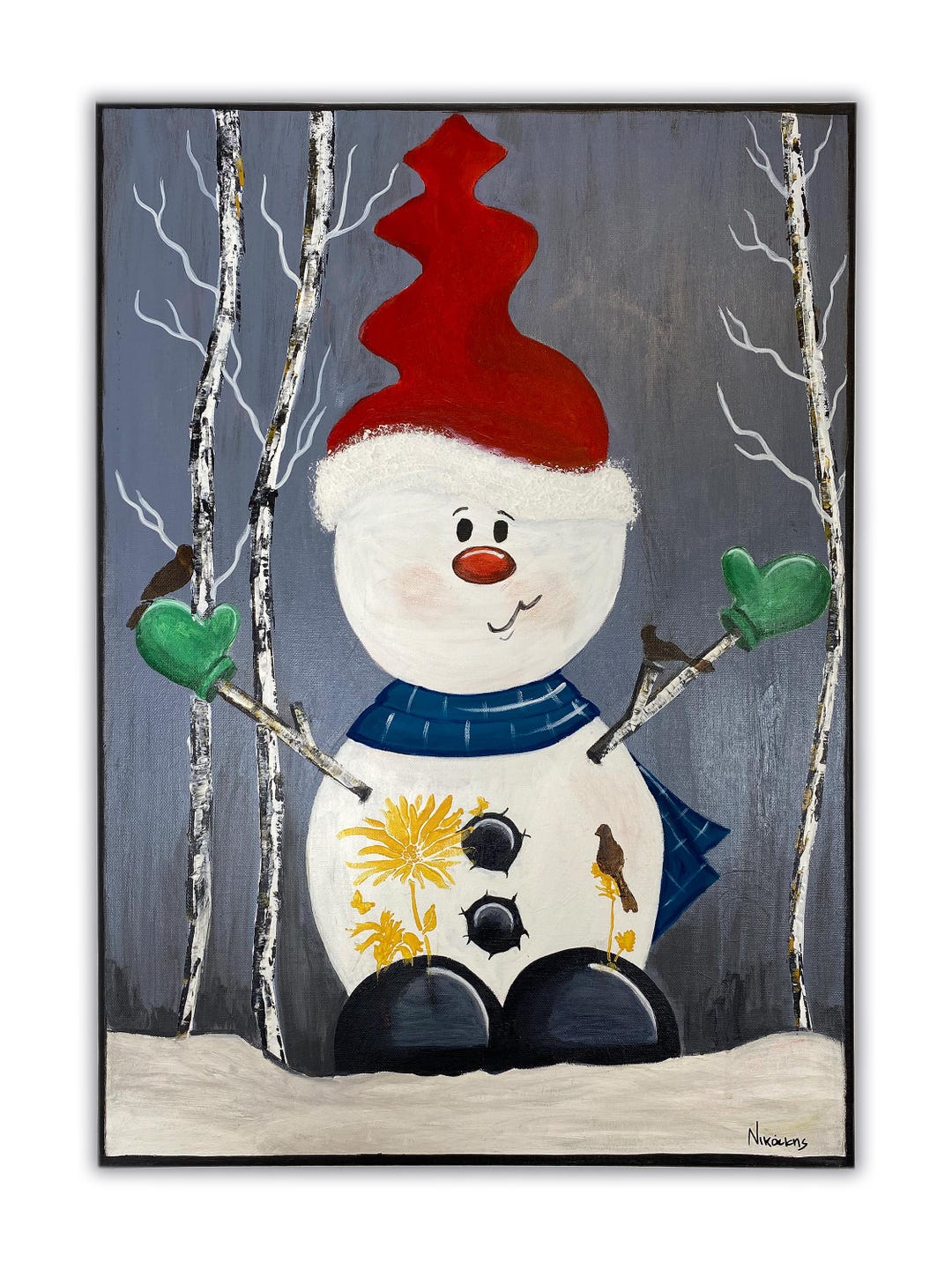 Snowman With Birds - Handmade Christmas Acrylic Painting on Canvas - Etsy