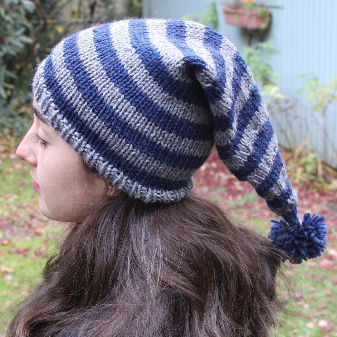 Long Tail Pixie Hat/long Stocking Cap With Pompom. Dark Blue and Gray ...