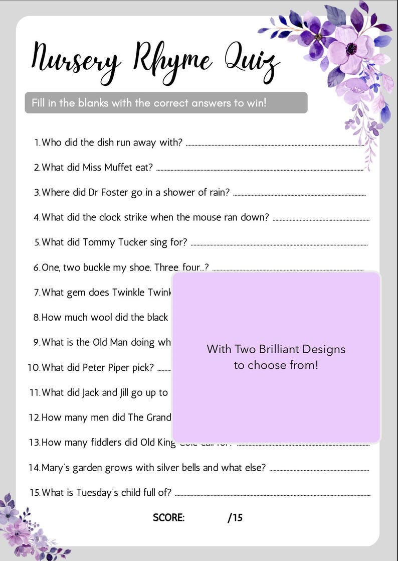 Nursery Rhyme Quiz for Baby Shower and Gender Reveal With Answers. Fun ...