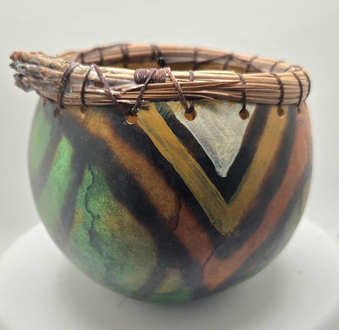 Art Deco Gourd Planter: Pyrography Ink & Acrylic, Pine Needle Rim - Etsy