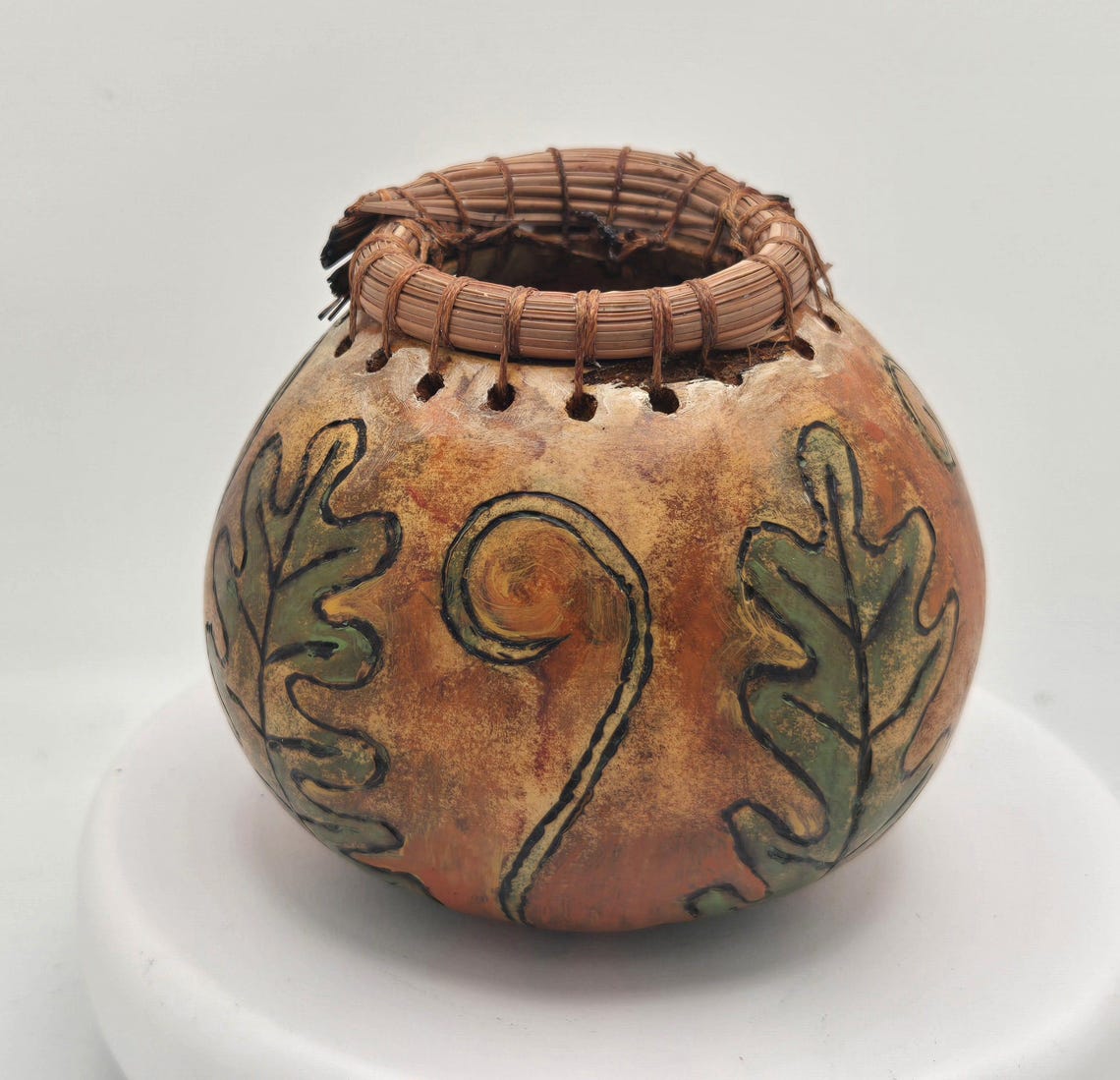 OAK & FERN LEAVES 4" Forest Themed Art Gourd Pyrography Ink With Pine ...